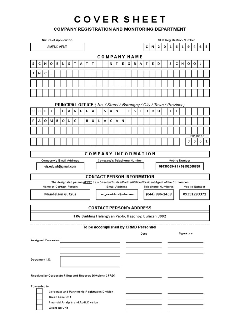 Cover Sheet: Company Registration and Monitoring Department | PDF