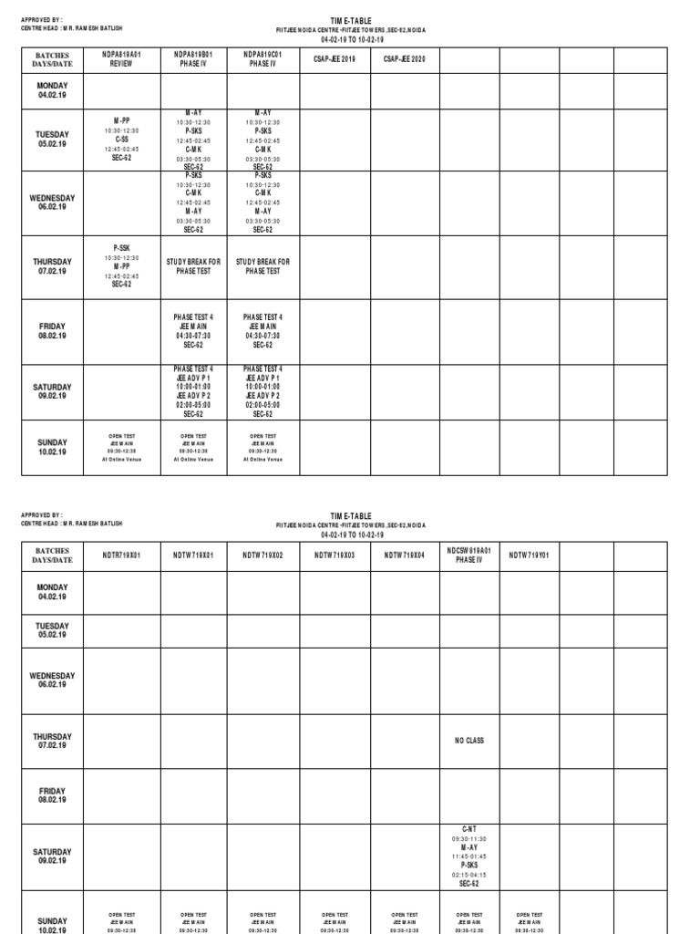 FIITJEE Noida Timetable 04-10 Feb 2019 | PDF