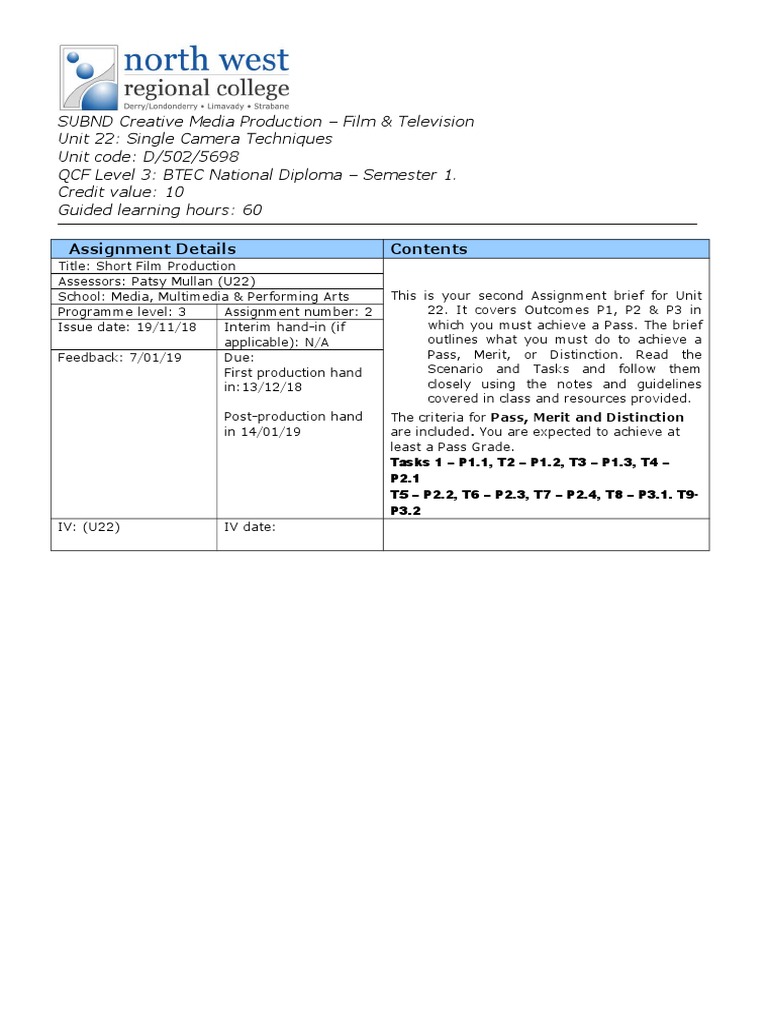 Short Film Production Assignment Guide | PDF | Filmmaking | Learning