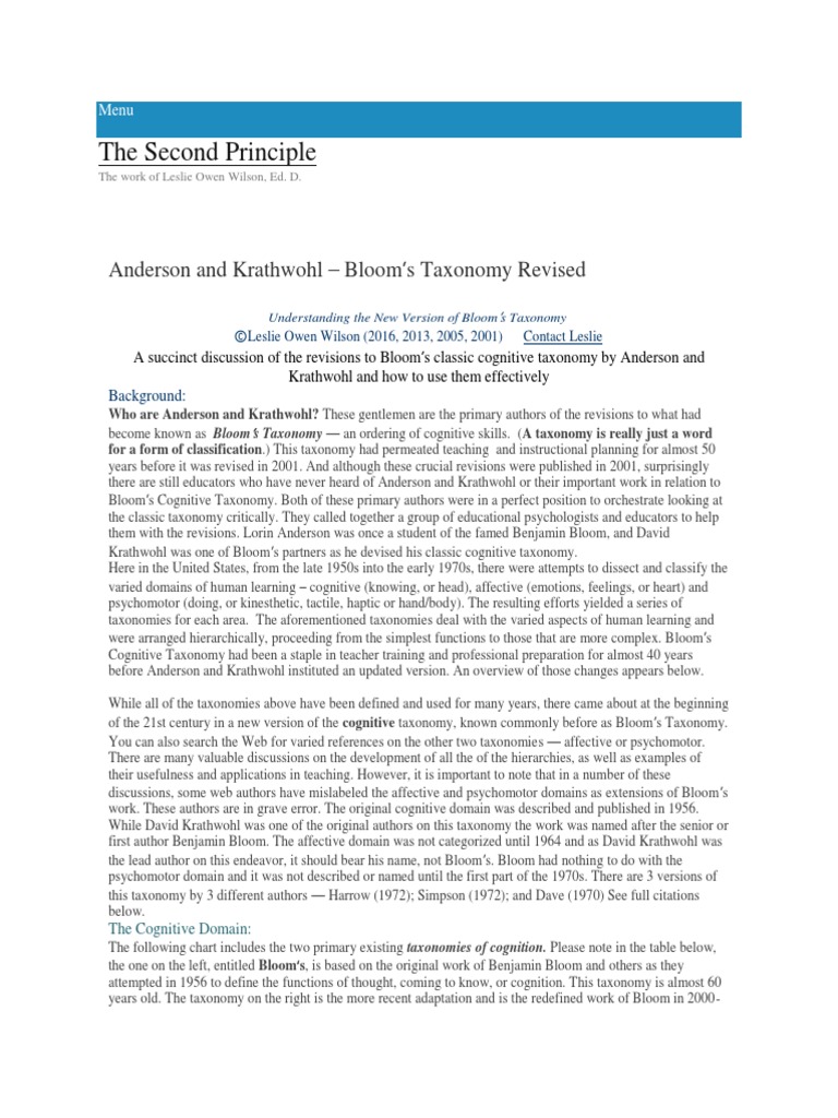 The Second Principle: Anderson and Krathwohl - Bloom's Taxonomy Revised ...