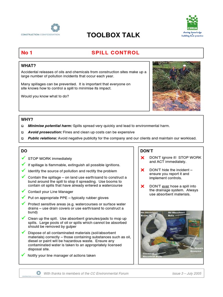 Toolbox Talk: No1 Spill Control | PDF | Sanitary Sewer | Waste
