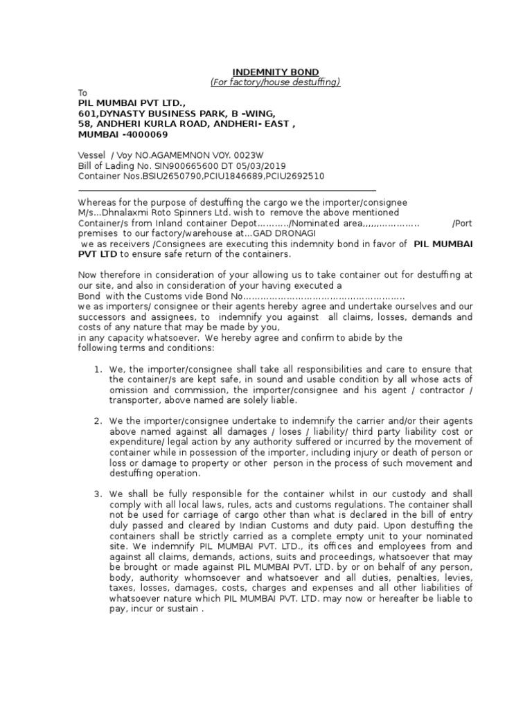 Factory Bond Format For Factory Delivery | PDF | Damages | Indemnity