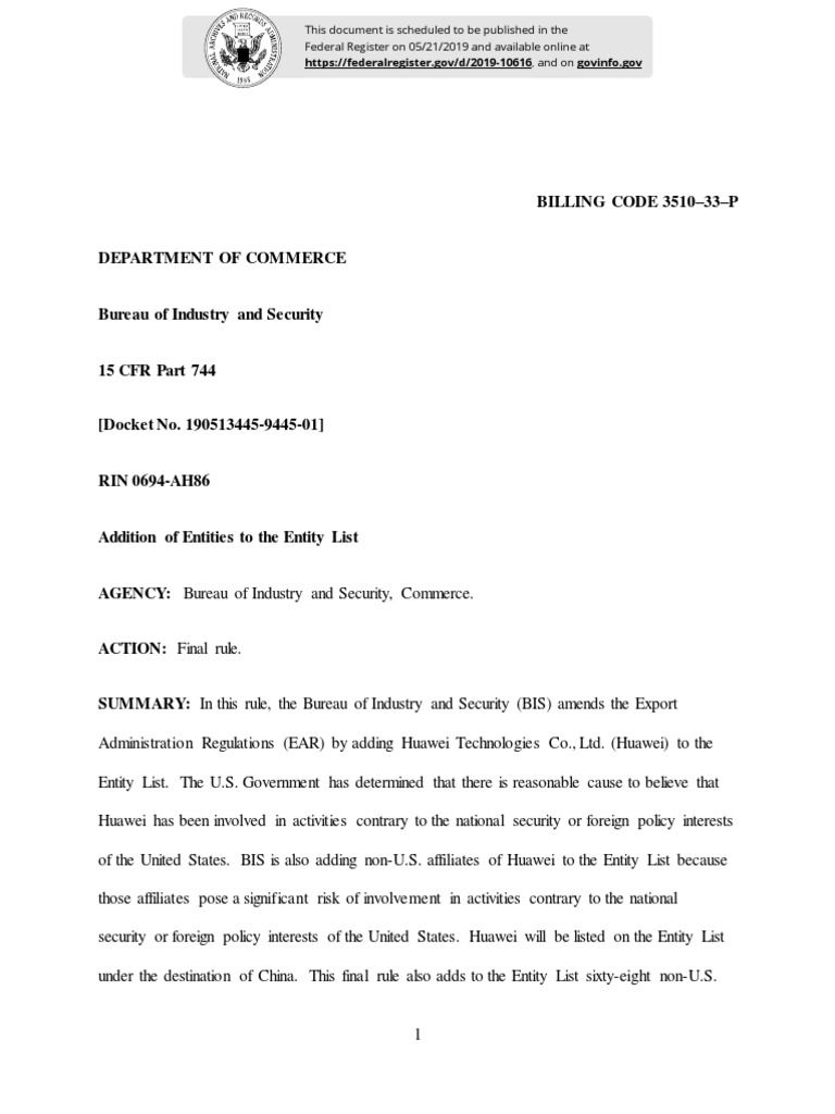 Huawei Added to U.S. Entity List | PDF | Office Of Foreign Assets ...
