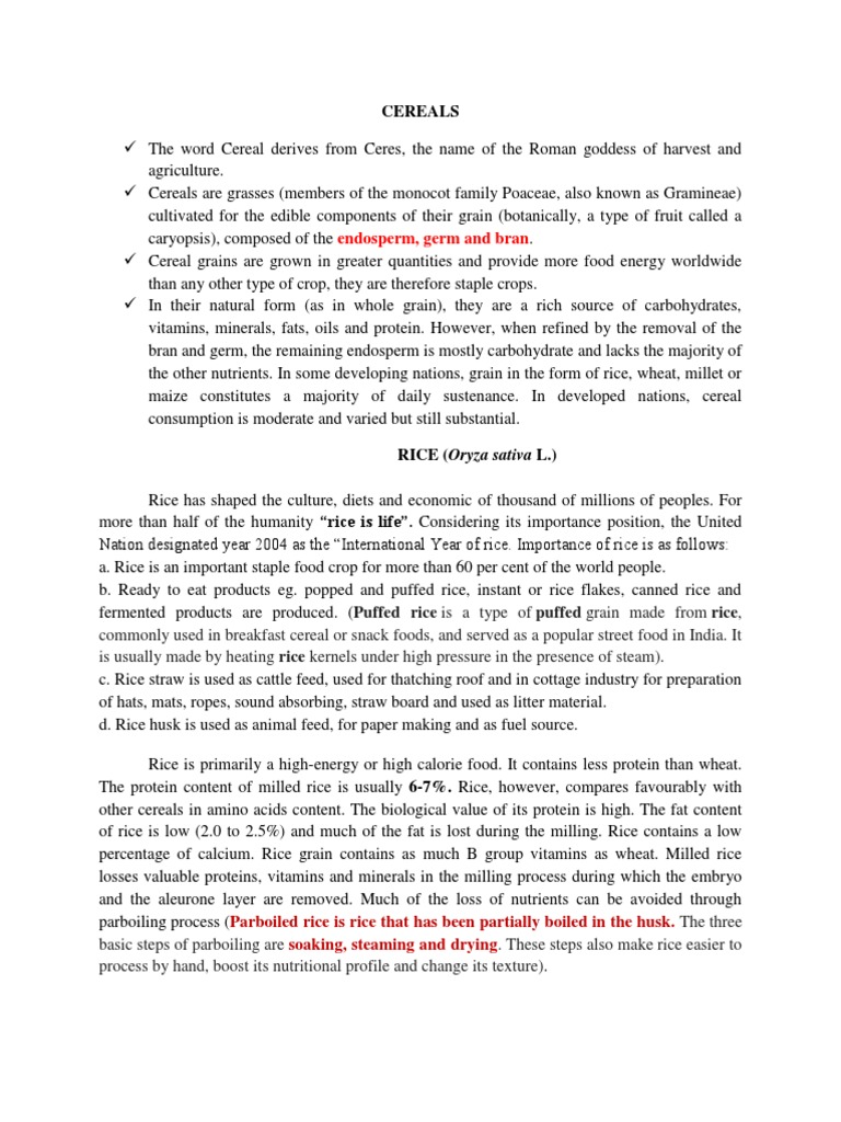 Endosperm, Germ and Bran: Cereals | PDF | Rice | Cereals