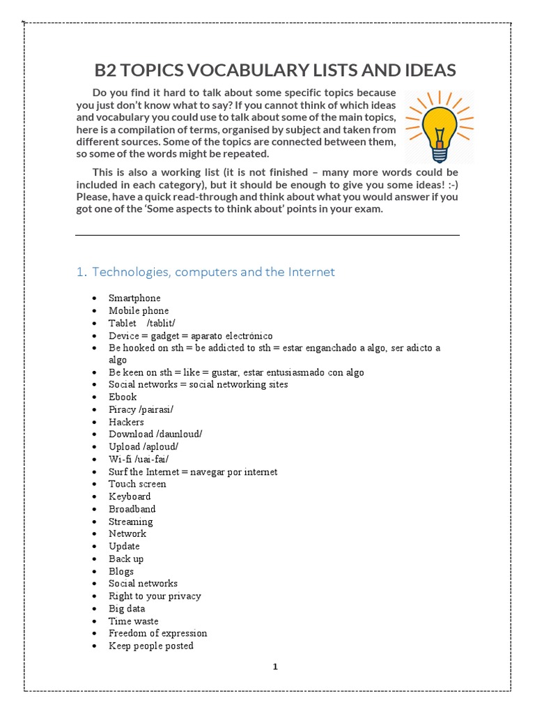 B2 Topics Vocabulary Lists and Ideas: 1. Technologies, Computers and ...
