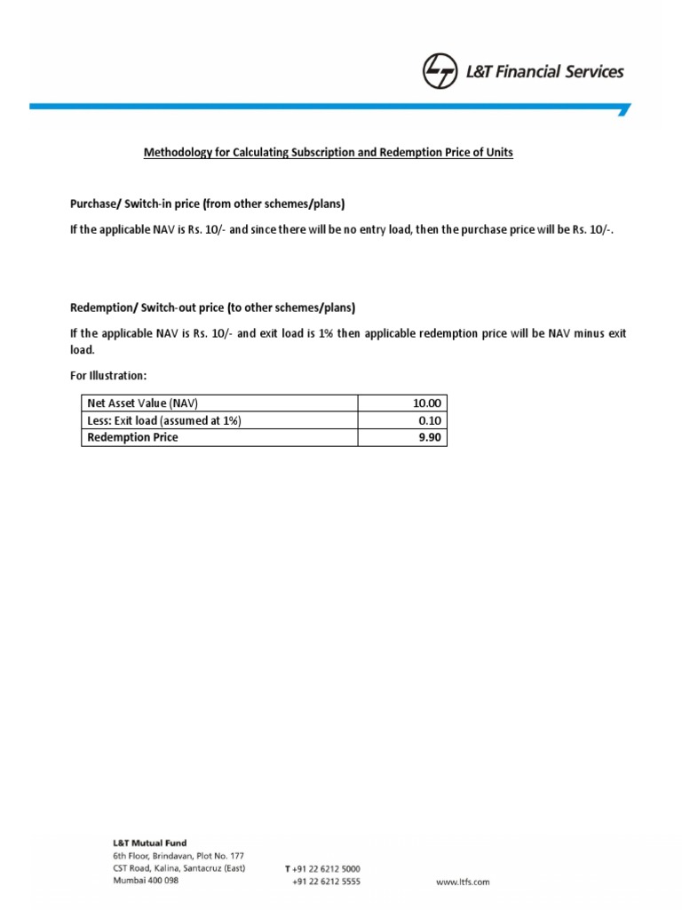 Methodology For Calculating Subscription and Redemption Price of Units ...