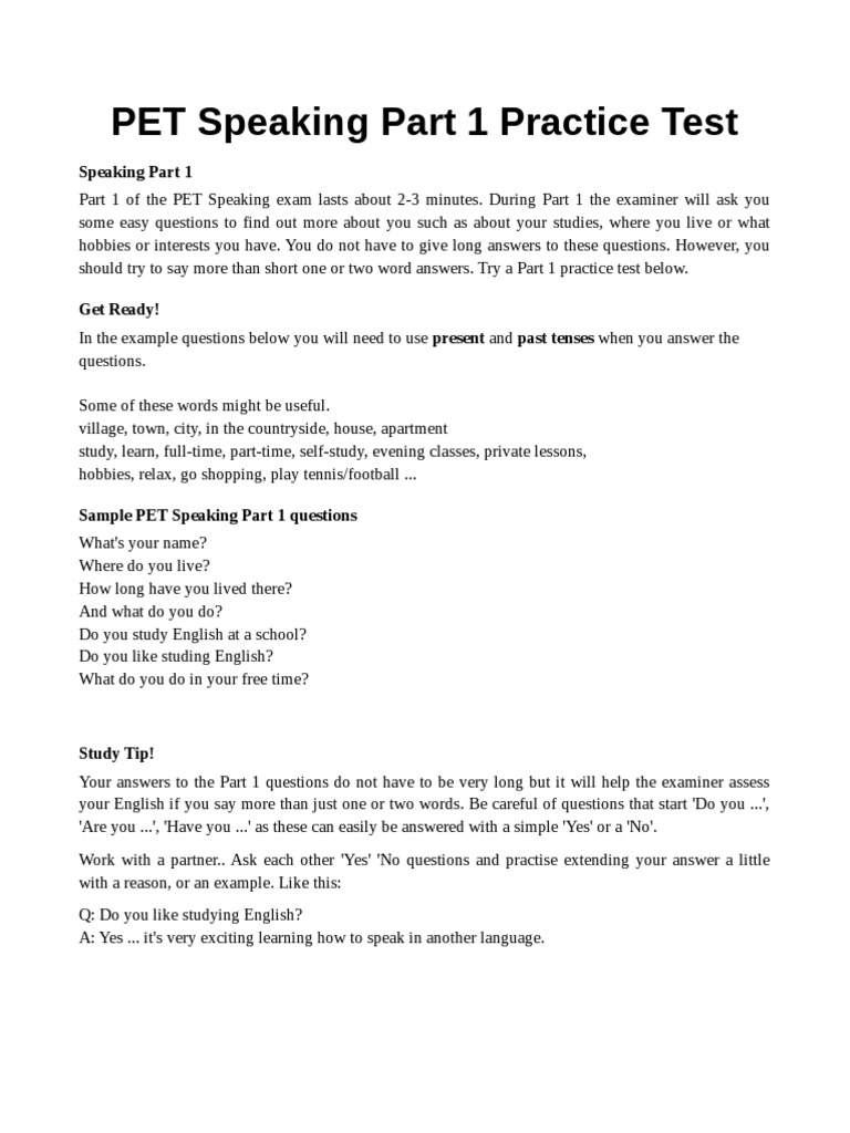 PET Speaking Part 1 Practice Questions | PDF
