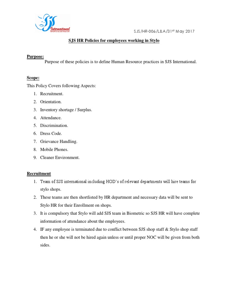 Policy SJS HR | PDF | Human Resource Management | Employment