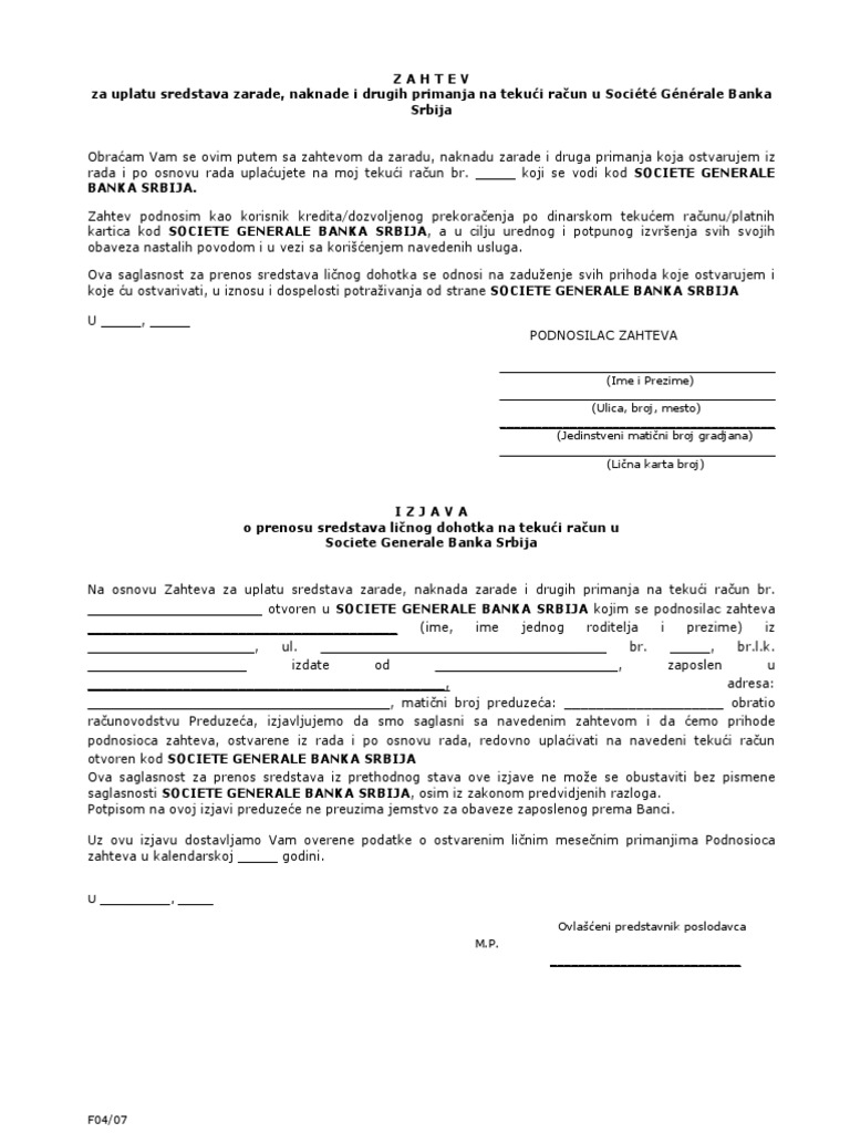 Izjava o Prenosu Plate | PDF