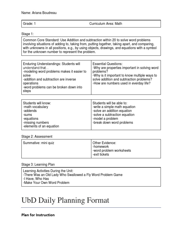 Ubd Daily Planning Format: Plan For Instruction | PDF | Differentiated ...
