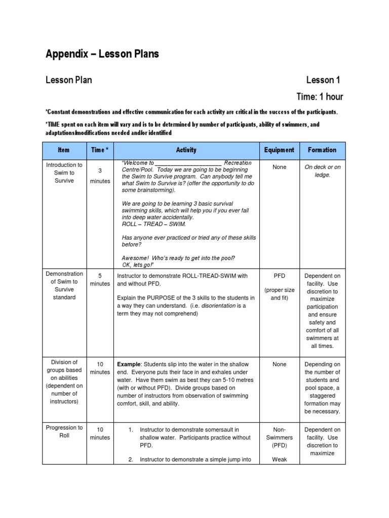 Swim To Survive Lesson Plans - 2018 | PDF | Swimming | Swimming (Sport)