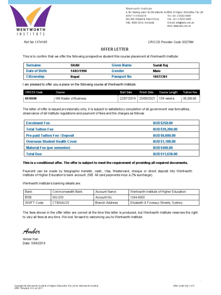 Offer Letter (HE) - Enrolment - Application-1374165-Conditional PDF ...