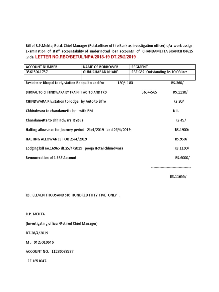 LETTER NO - RBO/BETUL/NPA/2018-19 DT.25/2/2019: Bhopal To Chhindwara by ...