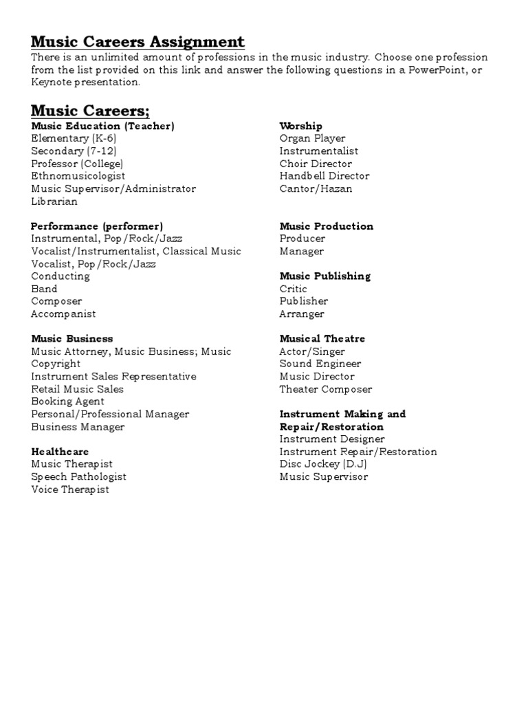 Music Careers Assignment: Music Education (Teacher) Worship | PDF ...