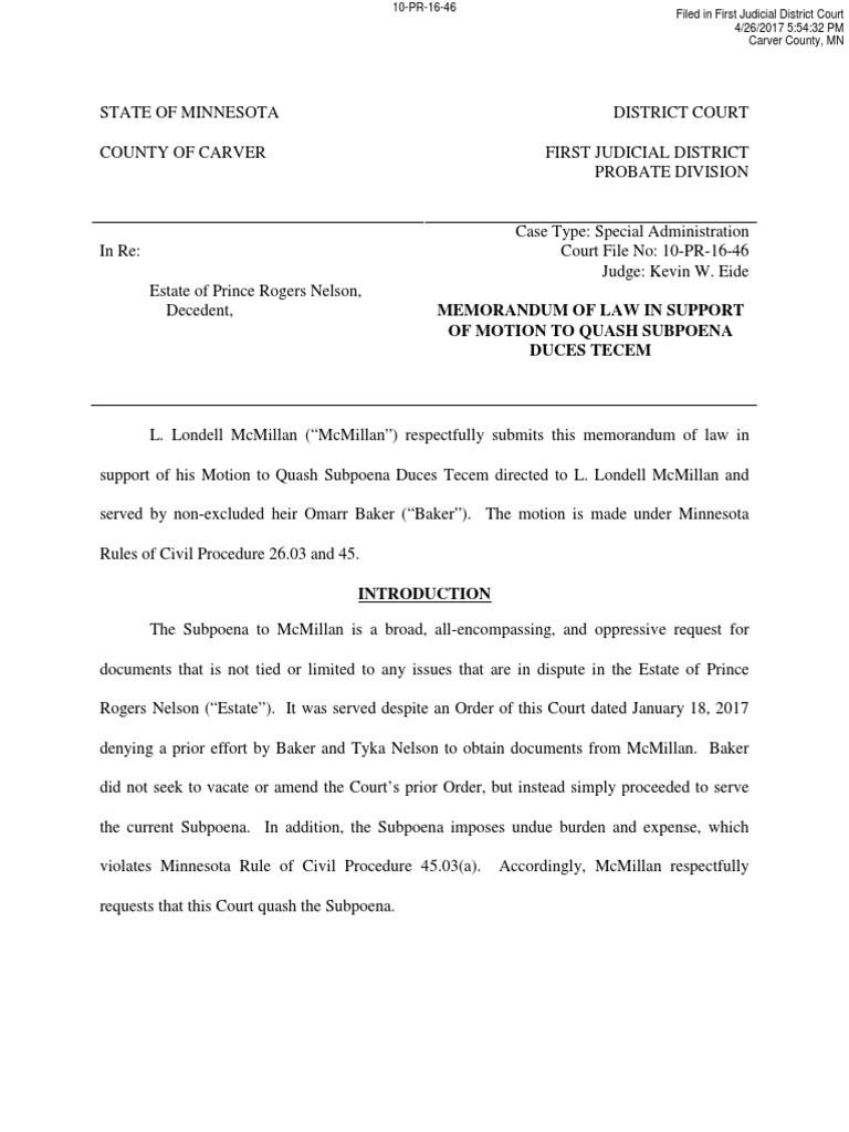 Memorandum of Law in Support of Motion To Quash Subpoena Duces Tecum ...