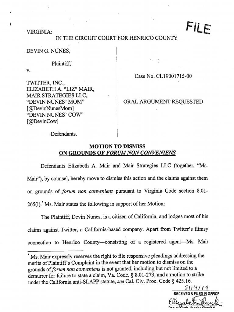 Mair Motion To Dismiss On Grounds of Forum Non Conveniens | PDF