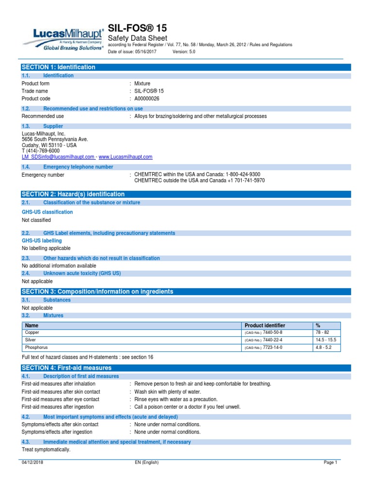 Sil Fos 15 Brazing Alloy Safety Data Sheet | PDF | Superfund | Toxicity