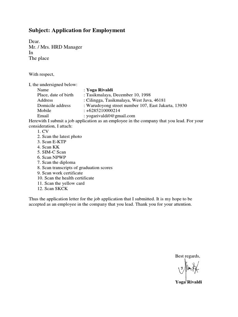 Subject: Application For Employment: Dear. Mr. / Mrs. HRD Manager in ...