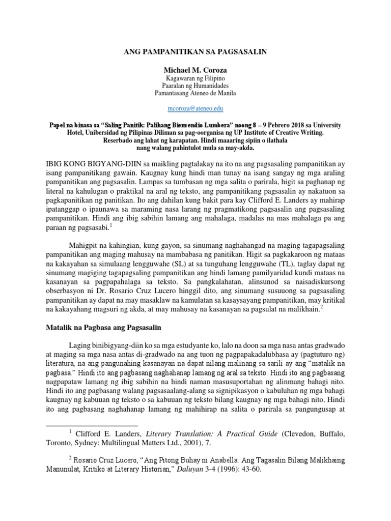 Ang Pampanitikan Sa Pagsasalin 2018 | PDF
