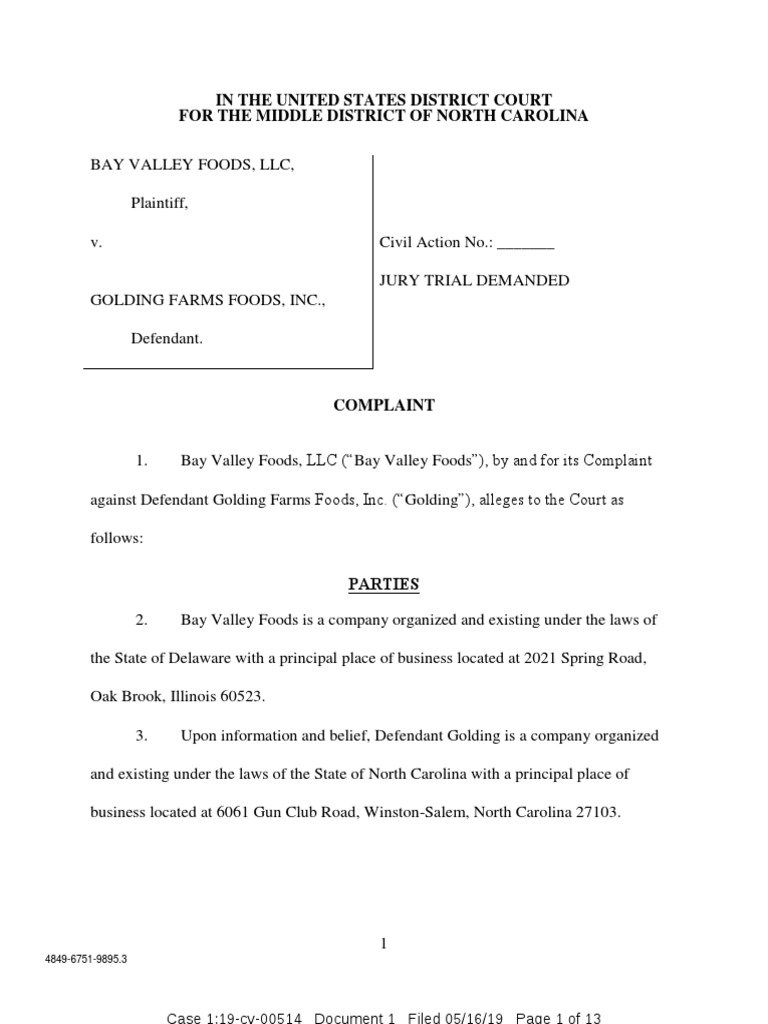 Bay Valley Foods vs. Golding Farms Foods | PDF | Patent Infringement ...