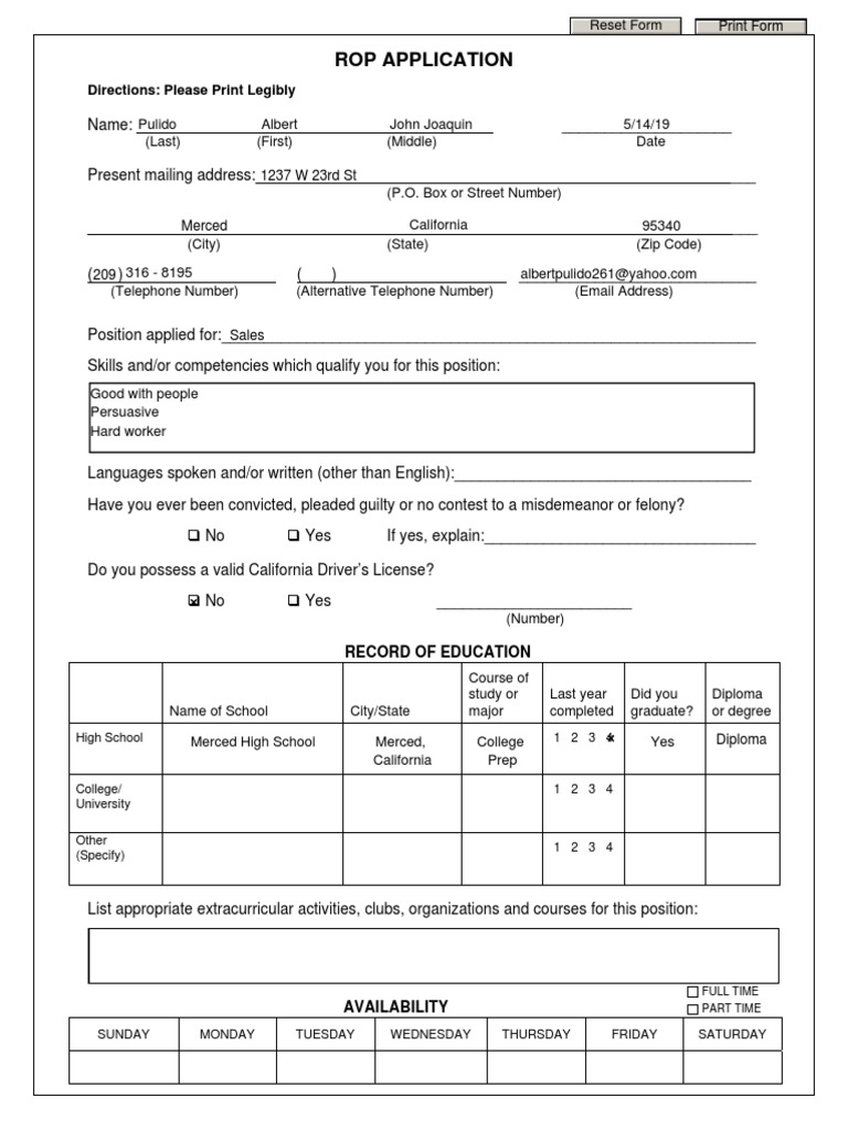 Rop Job Application With Availability - Fillable For Website