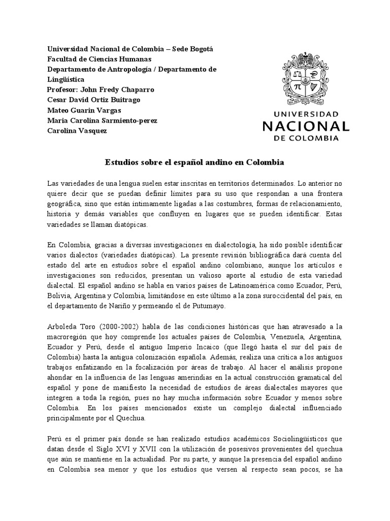 Español andino en Colombia: dialectos y características | PDF | Lengua ...