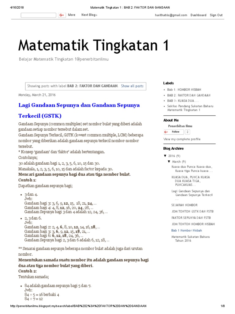 Matematik Tingkatan 1 - Bab 2 - Faktor Dan Gandaan | PDF