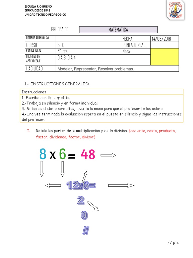 Prueba 2 Adaptada | PDF | División (Matemáticas) | Multiplicación