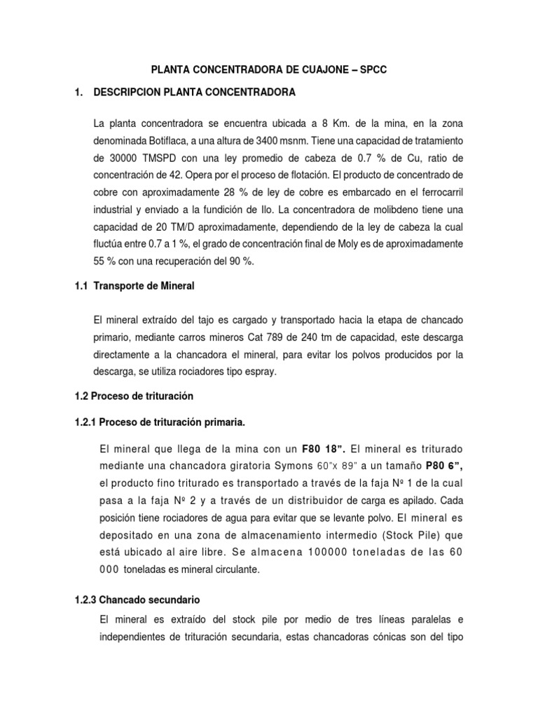 Planta Concentradora de Cuajone | PDF | Cobre | Molino (molienda)