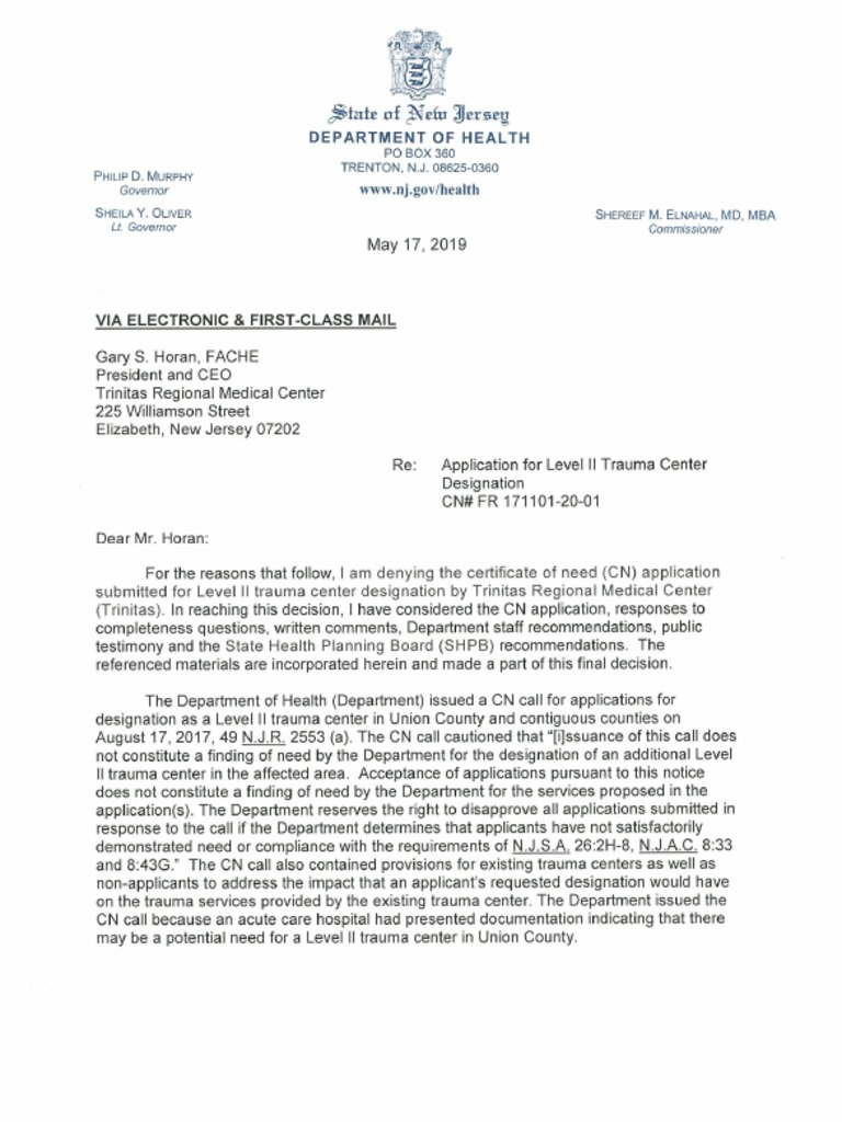 Decision Letter For Trinitas Regional Medical Center | PDF