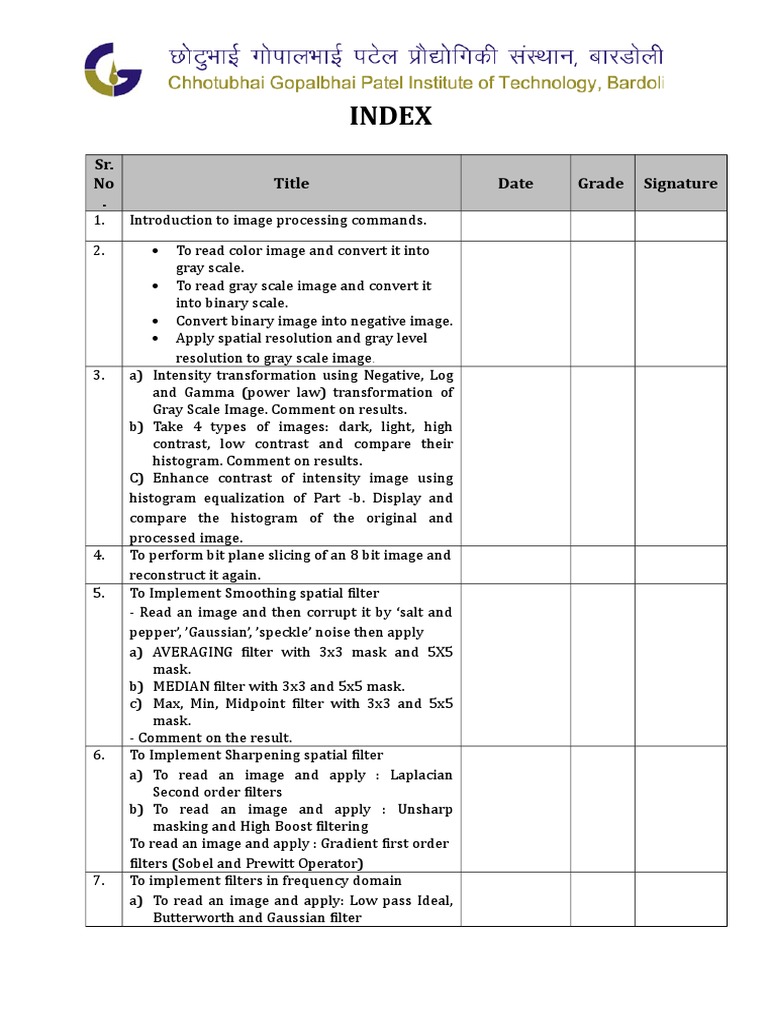 Index: Sr. No - Title Date Grade Signature | PDF