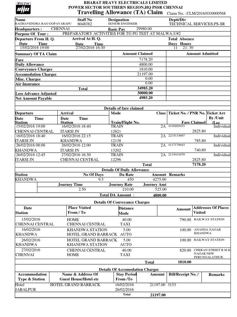 Travelling Allowance (TA) Claim: Raghavendra Rao Gopavarapu Senior ...