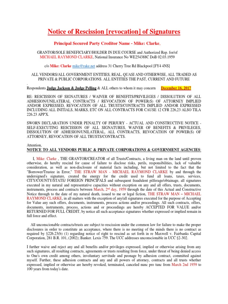 Notice of Rescission of Signatures | Download Free PDF | Trust Law ...