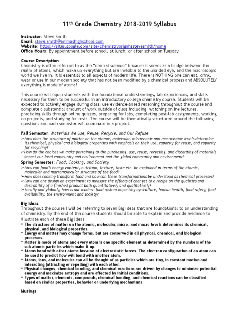 11th Grade Chemistry Course Syllabus | PDF | Chemical Bond | Atoms