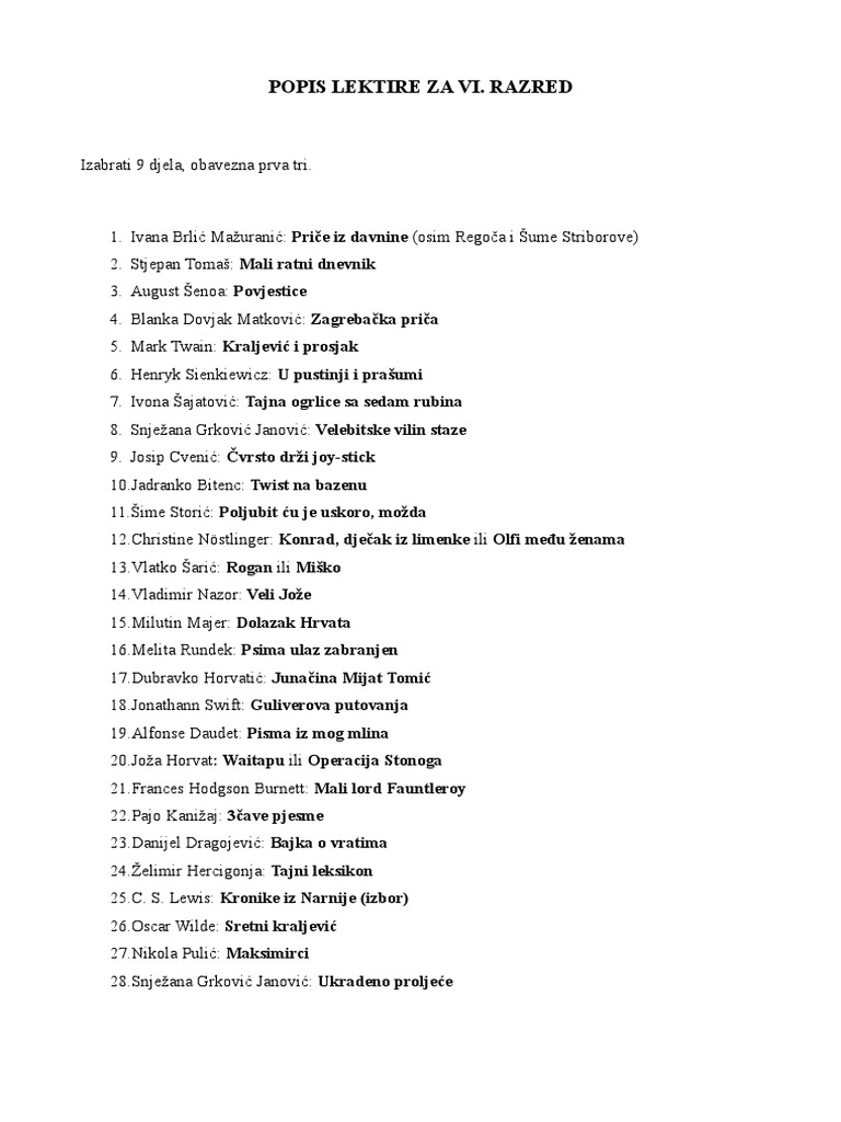 Popis Lektire Za 6. Razred PDF | PDF