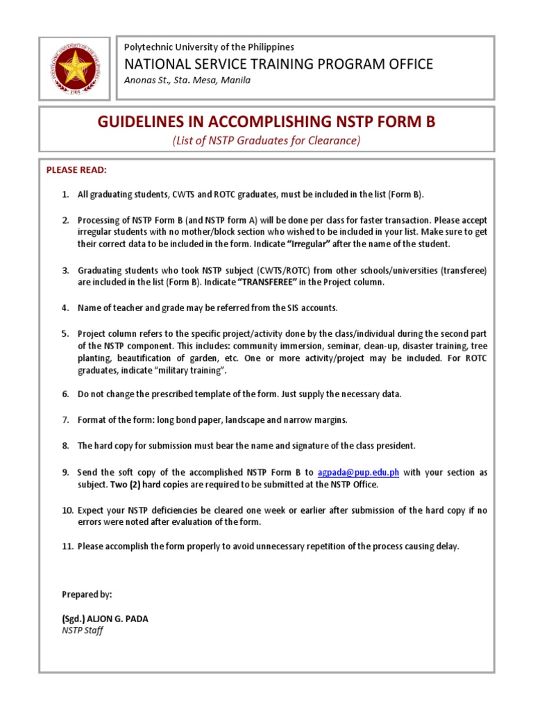 NSTP Form B Guidelines for Graduates | PDF | Career & Growth ...