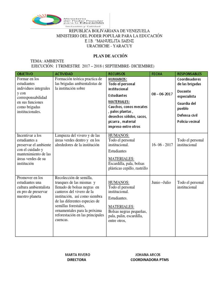 Plan de Accion PTMS, Eib Manuelita Saenz | PDF