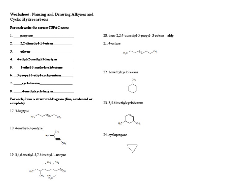 Worksheet: Naming and Drawing Alkynes and Cyclic Hydrocarbons | PDF ...