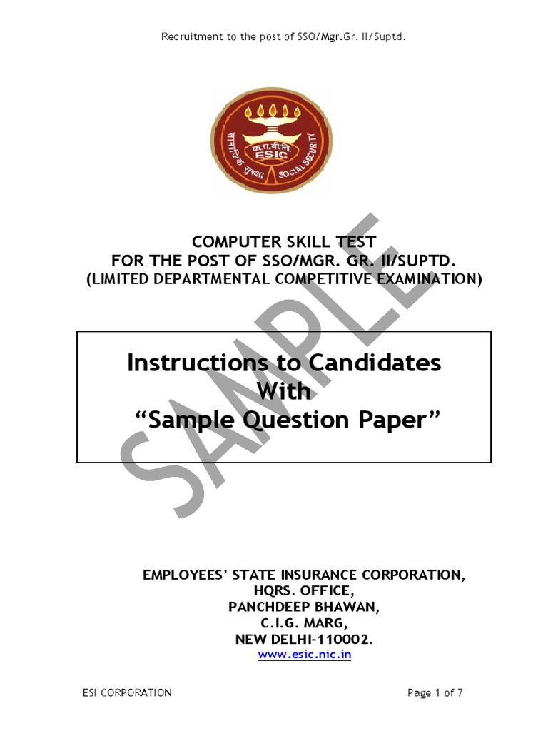 ESIC Paper III Sample Question Paper PDF | Download Free PDF ...