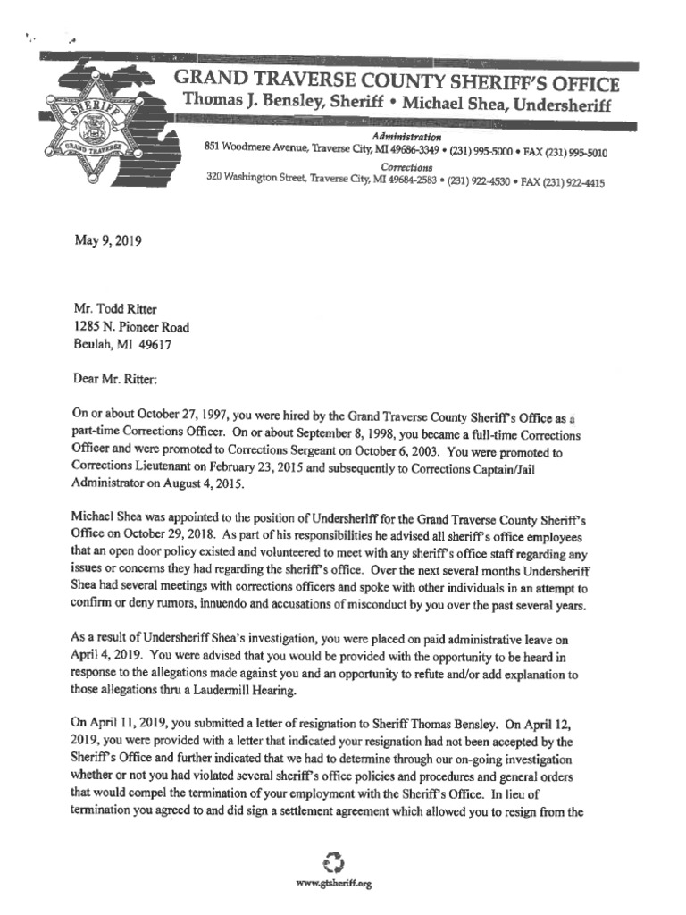 Sheriff Bensley Letter To Todd Ritter | PDF