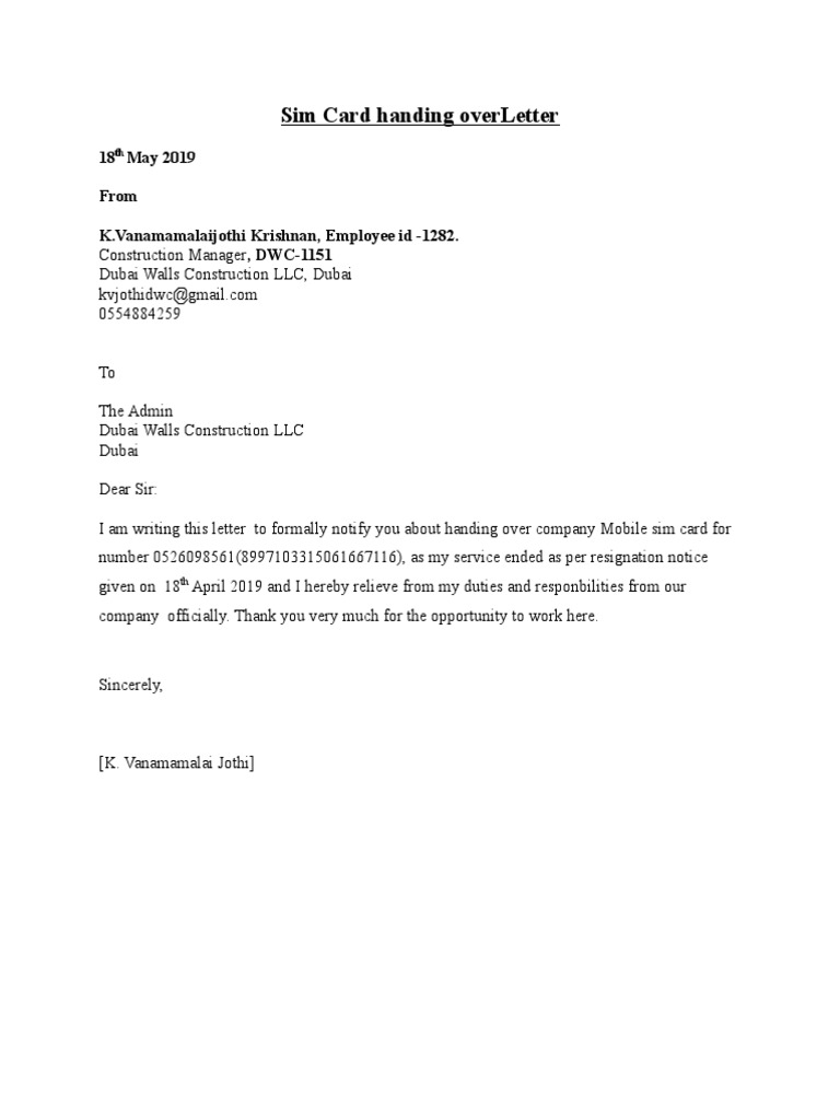 Sim Card Handing Overletter: 18 May 2019 From K.Vanamamalaijothi ...