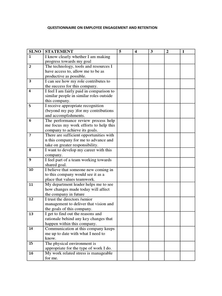 Questionnaire On Employee Engagement and Retention | PDF
