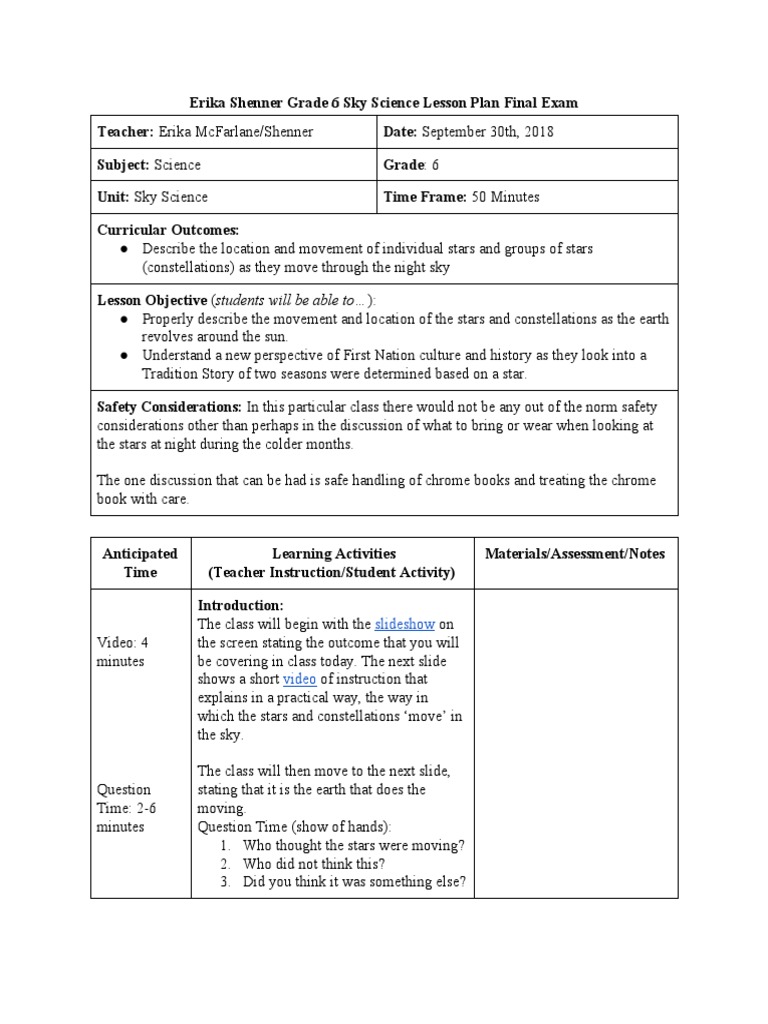 Grade 6 Sky Science Lesson Plan | PDF | Lesson Plan | Classroom