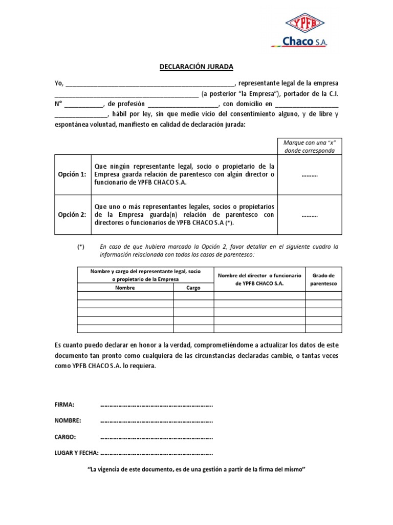 Declaración Jurada para Proveedores | PDF