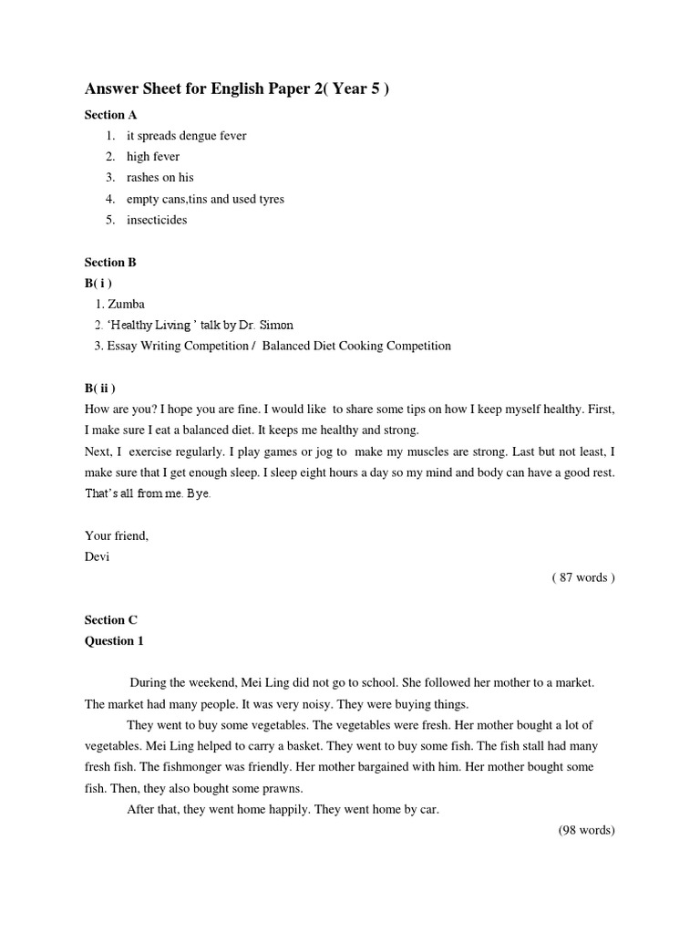 Year 5 English Paper 2 Answer Sheet | PDF | Wellness