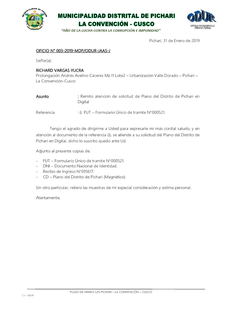 Oficio N°003 - Entrega de Plano Del Distrito de Pichari | PDF