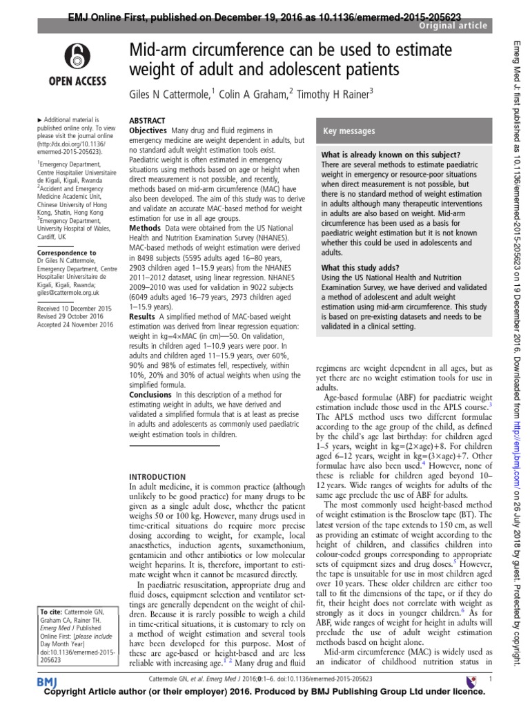 Mid-Arm Circumference Can Be Used To Estimate Weight of Adult and ...