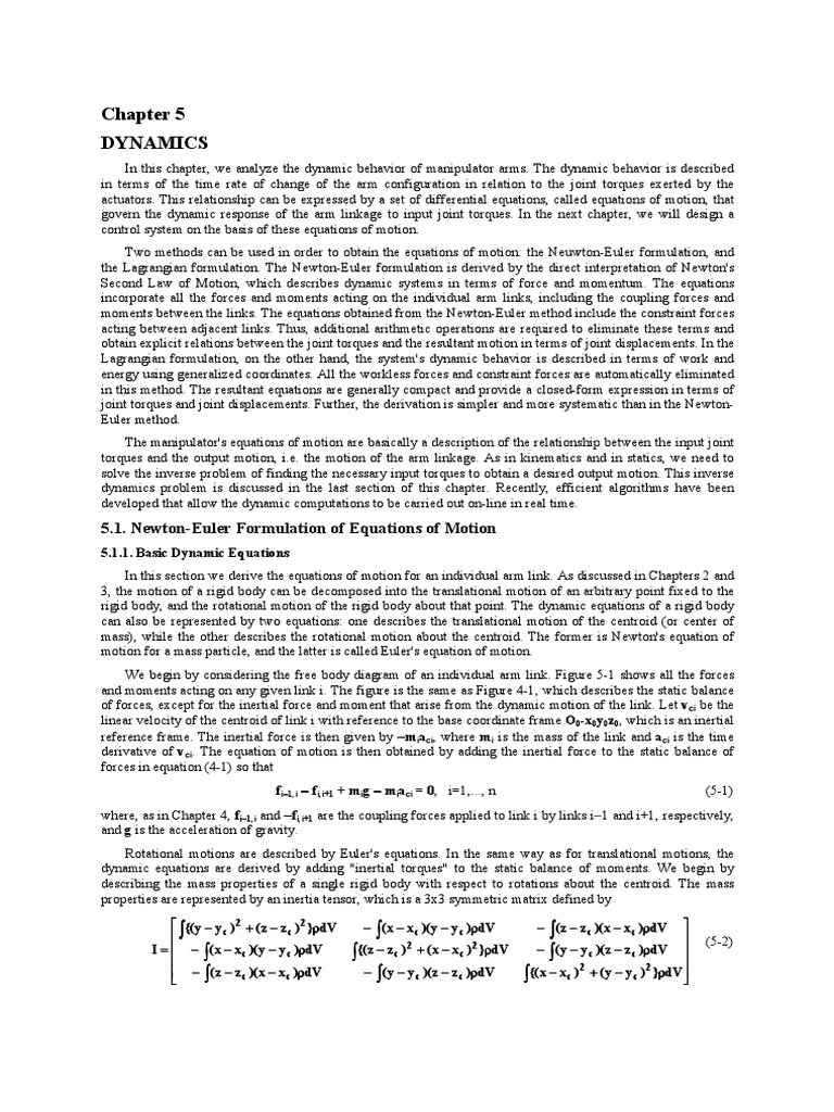 Dynamics: 5.1. Newton-Euler Formulation of Equations of Motion | PDF | Lagrangian Mechanics | Torque