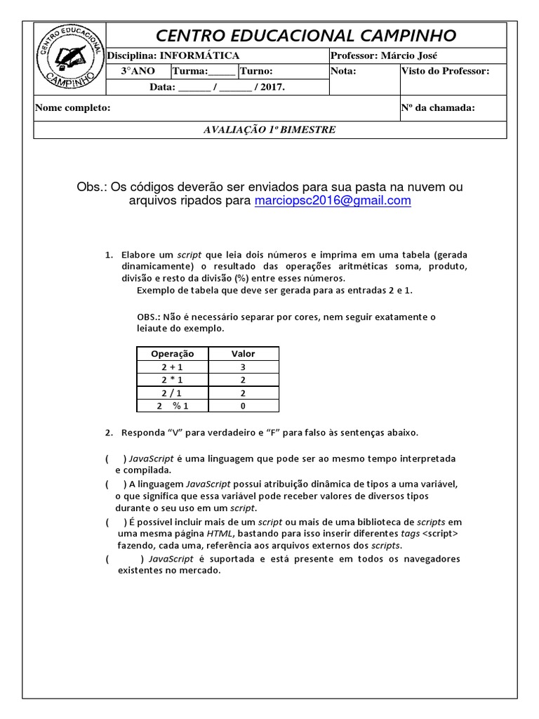 Prova | PDF | Linguagem de script | Script Java
