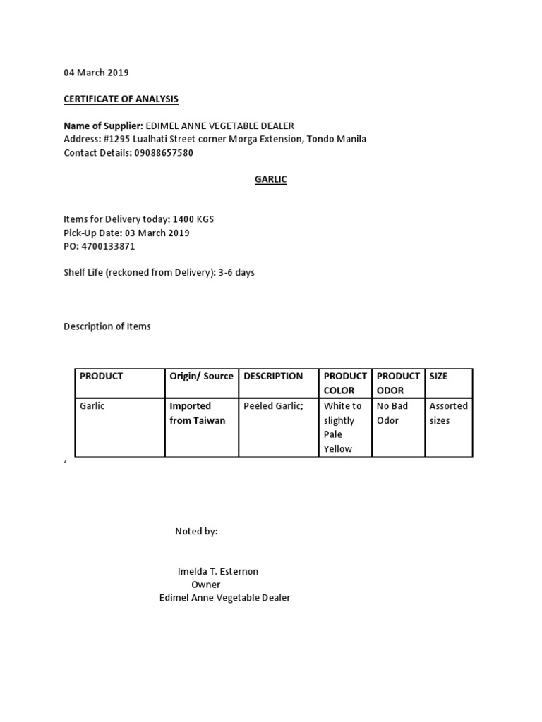 COA | PDF | Vegetables | Foods